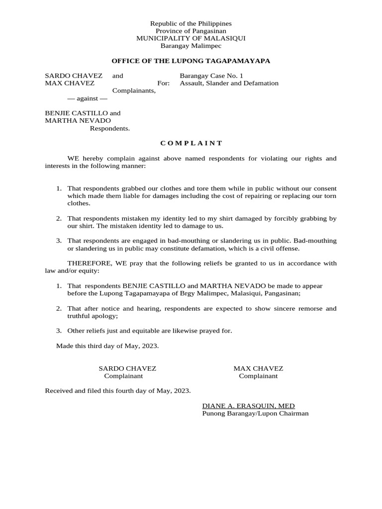 Barangay Complaint | PDF