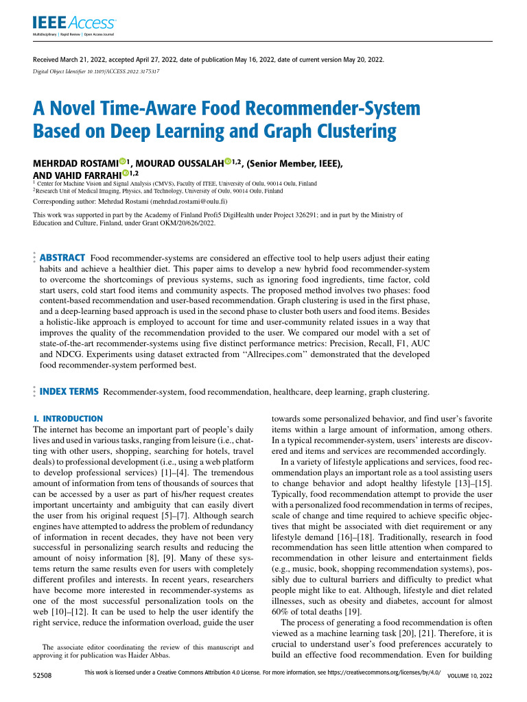 A Novel Time-Aware Food Recommender-System Based On Deep Learning and Graph Clustering | PDF