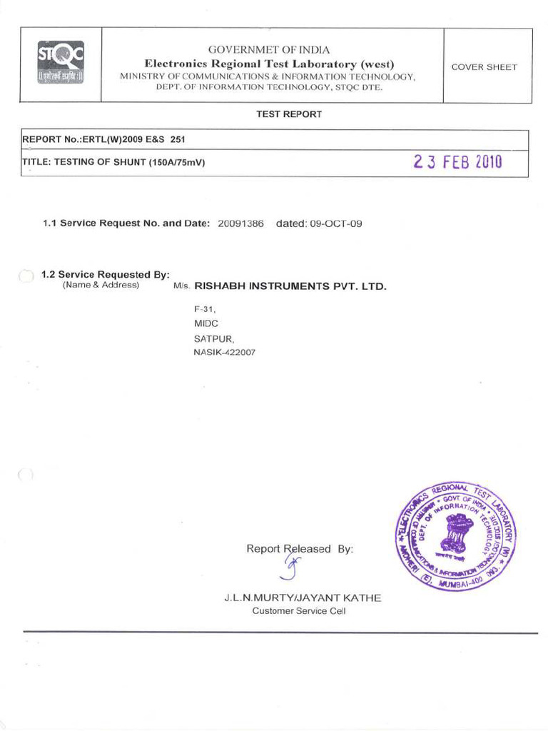 Uploads Product External Type Test Report - ERTL Shunts | PDF
