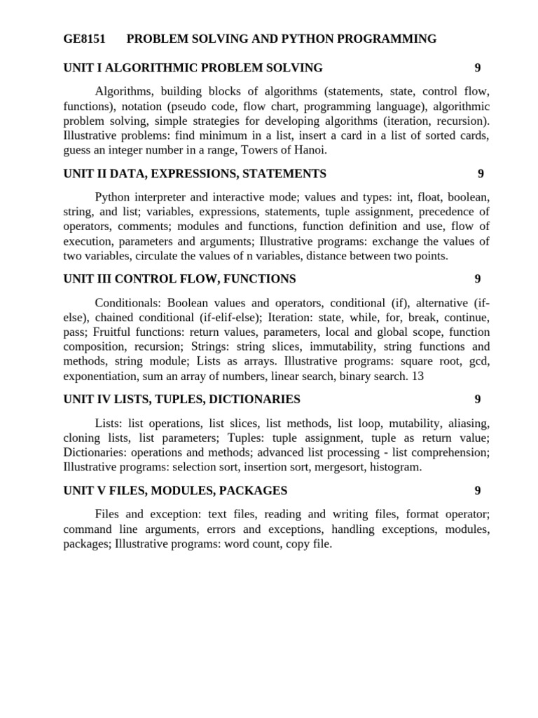 Ge8151 Python Syllabus | PDF
