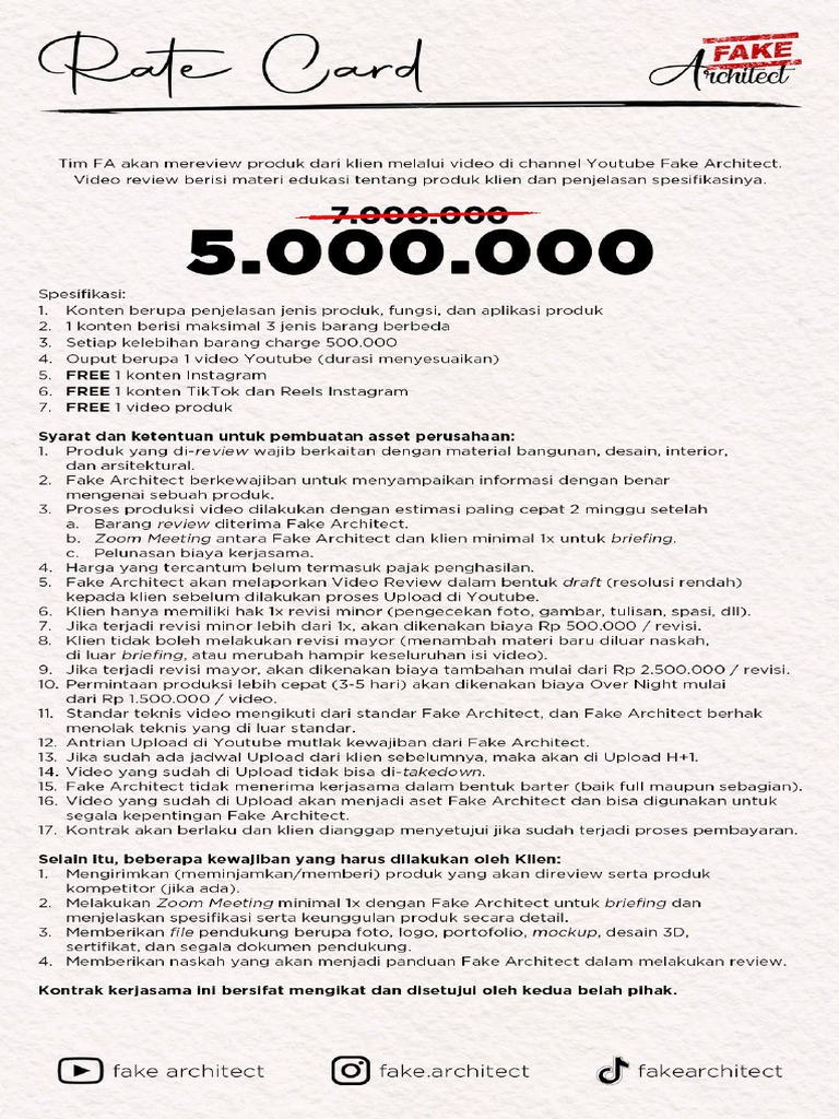 RATE CARD Fake Architect | PDF