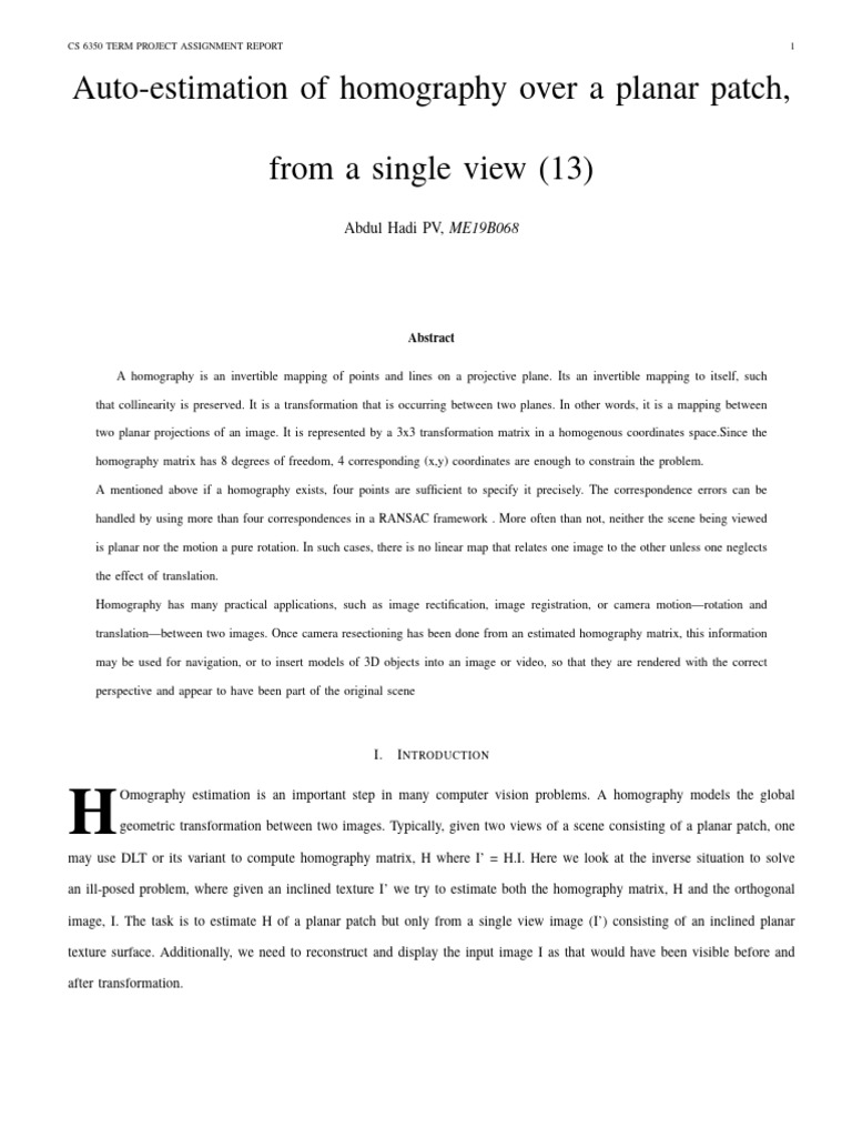 Auto Estimation of Homography Over A Planar Patch From A Single View 13 | PDF