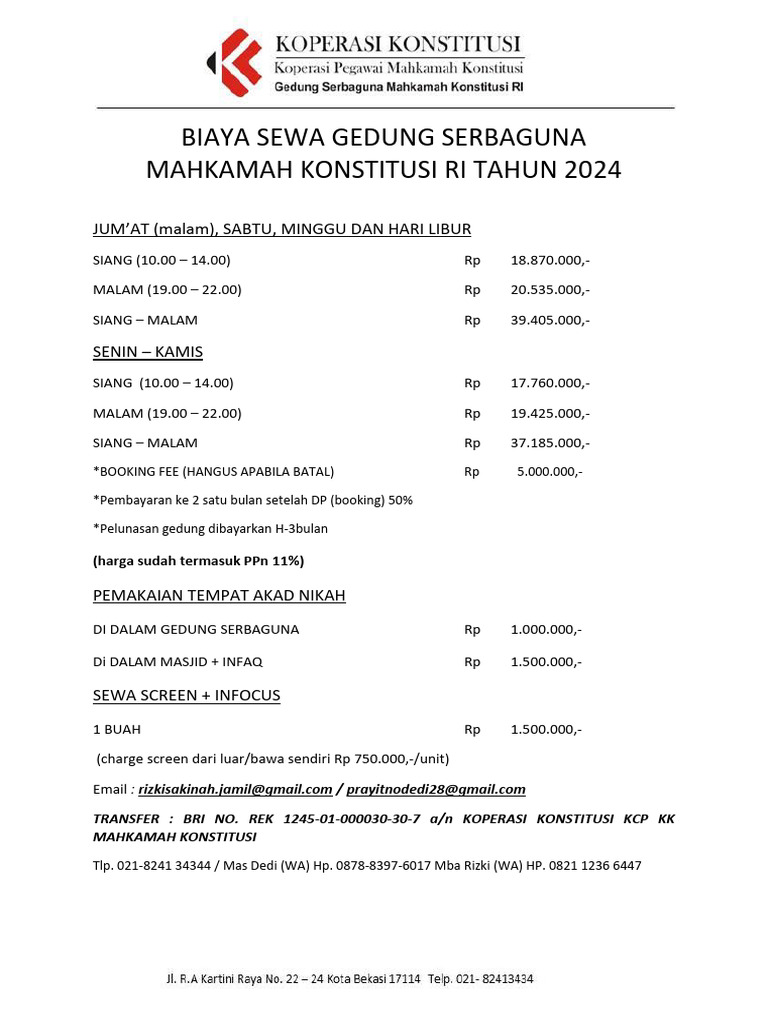 BIAYA SEWA GEDUNG SERBAGUNA 2024 | PDF