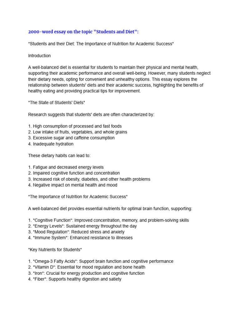 2000 Words Essay On Students and Diet | PDF | Healthy Diet | Wellness