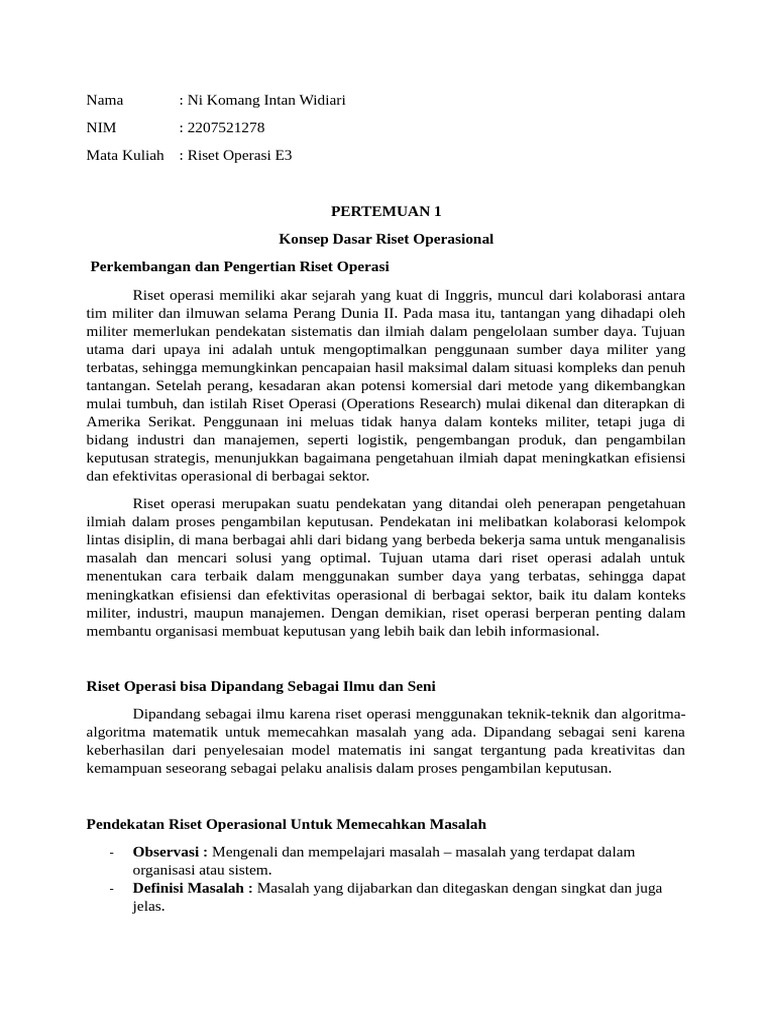 Pertemuan 1 Konsep Dasar Riset Operasional Perkembangan Dan Pengertian ...