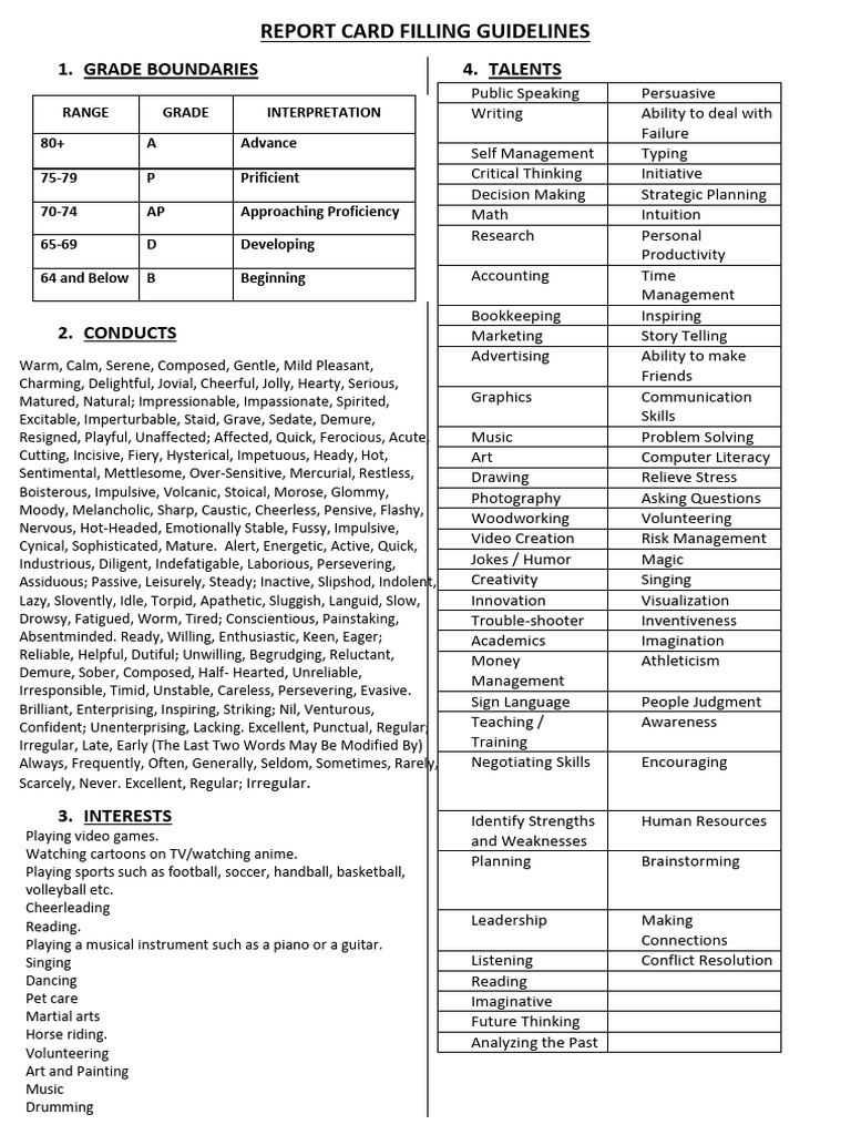 Report Card Filling Guidelines | PDF