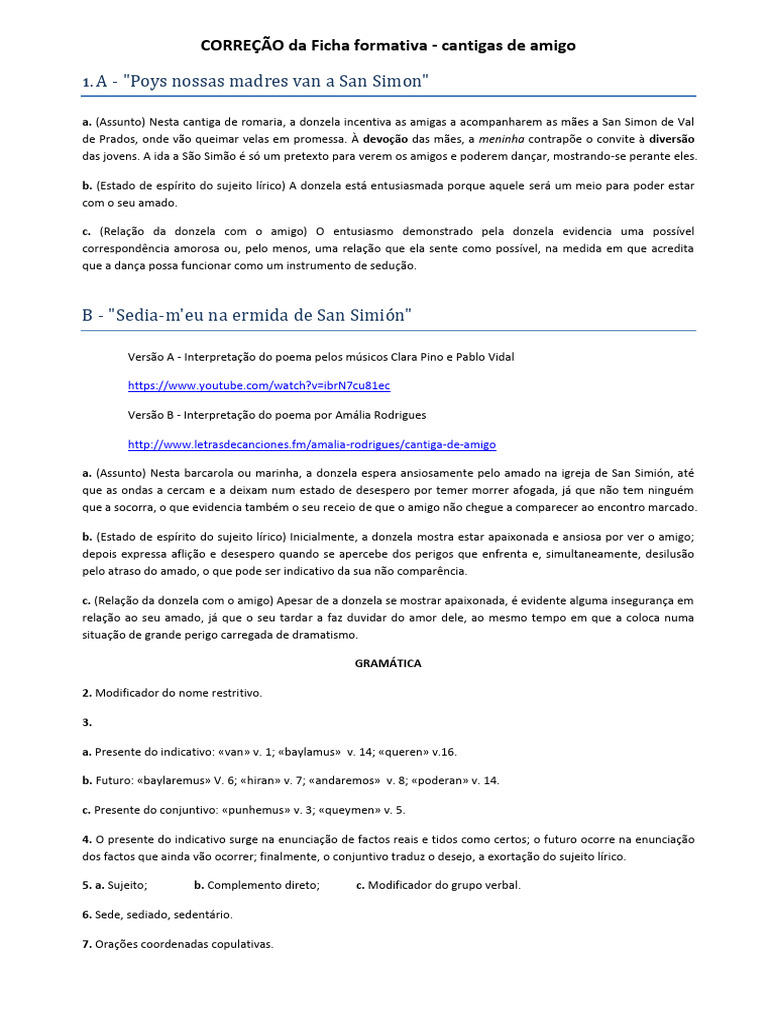 CorreÇÃo Da Ficha Formativa Cantigas De Amigo Pdf