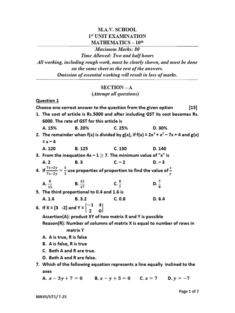 Mav Maths 10 UT1 - 2024-25 | PDF