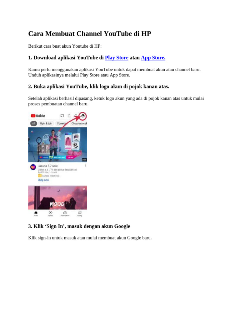 Cara Membuat Channel YouTube Di HP | PDF | Mass Media