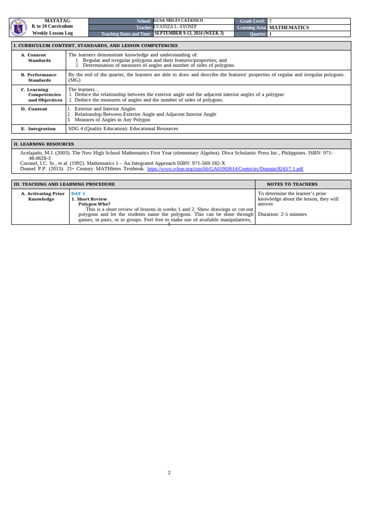 DLL Matatag - Math 7 Q1 W3 | PDF