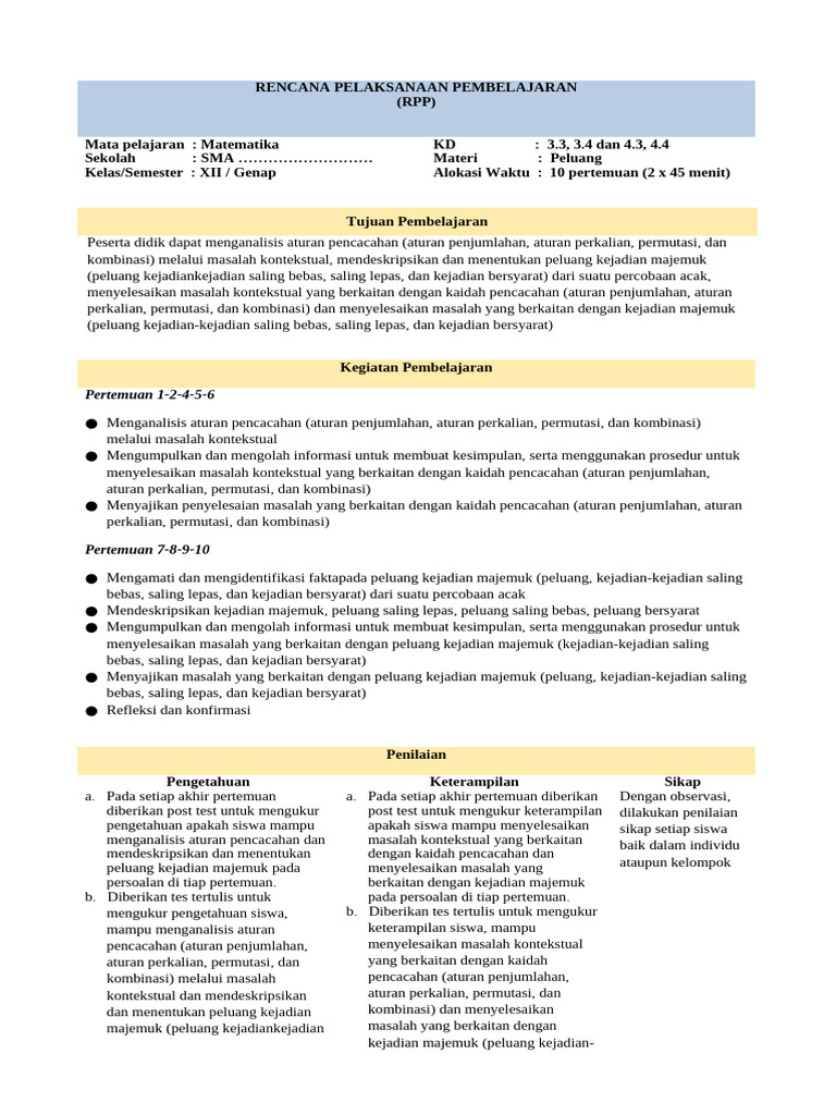 RPP BAB 3 Peluang | PDF