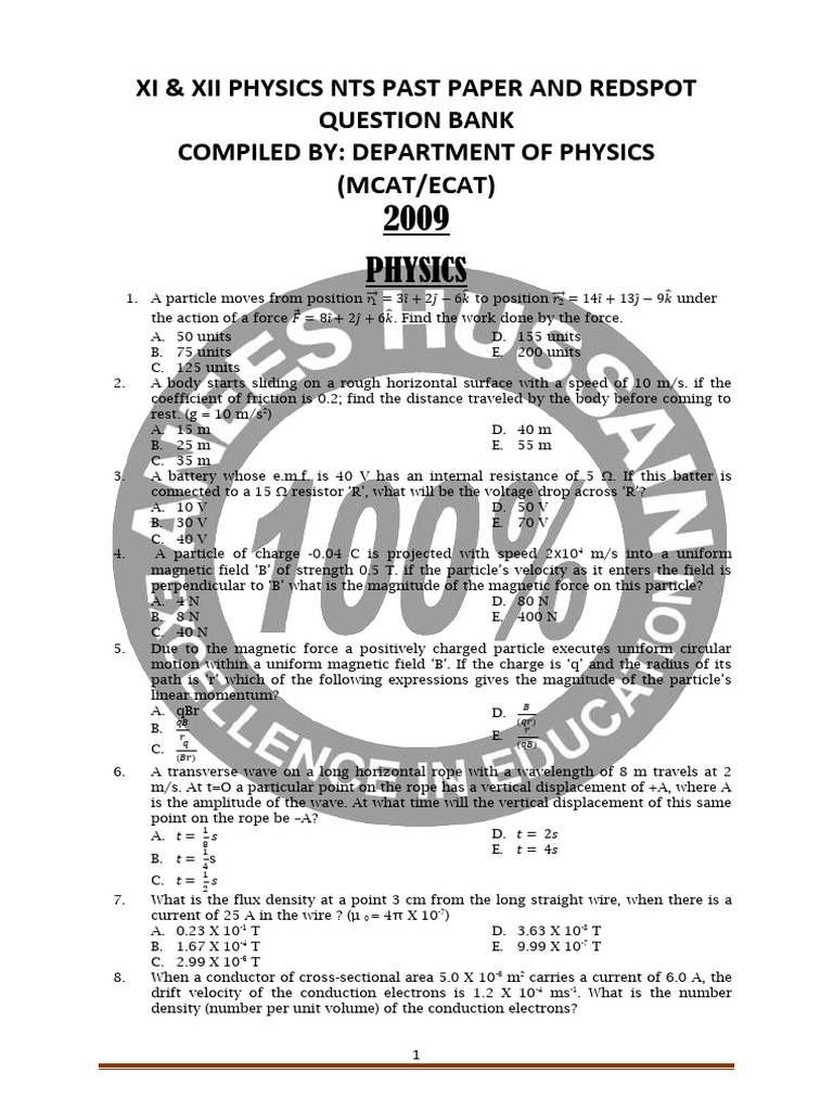 Xi Xii Phy MCQS NTS and Past Papers | PDF