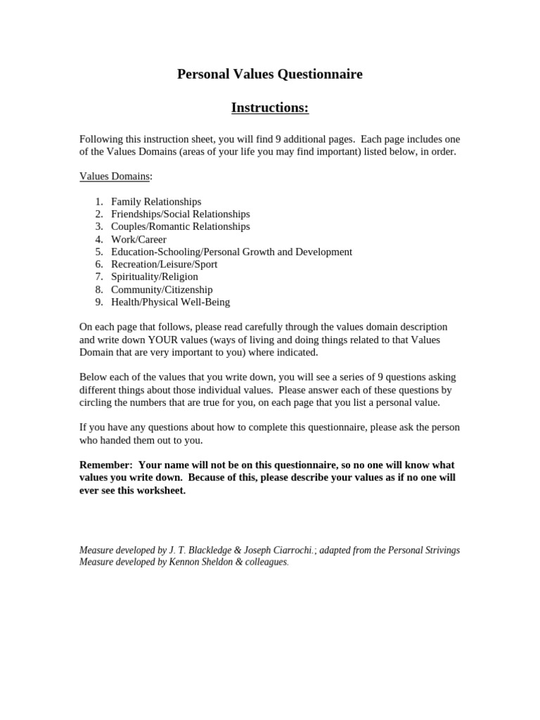 AOL Personal Values Questionnaire | PDF