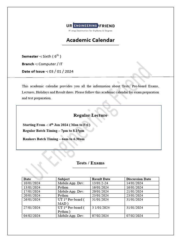 6th Semester Academic Calendar 2024 | PDF | Schools | Business