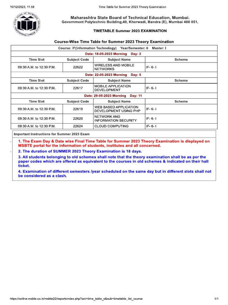 Final Theory Exam Time Table 2023 Important | PDF