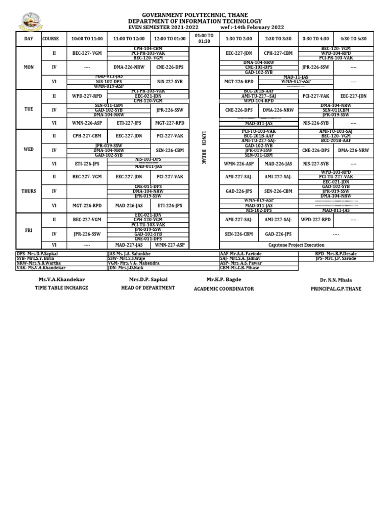 TIMETABLE - EVEN 2021-22 Important | PDF | Technology & Engineering