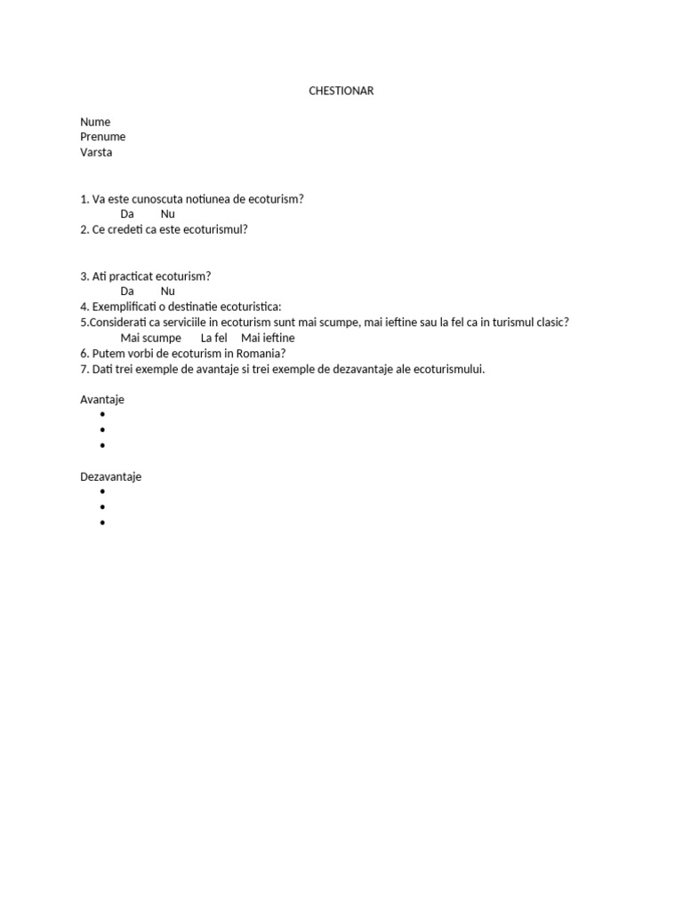 Chestionar Ecoturism | PDF