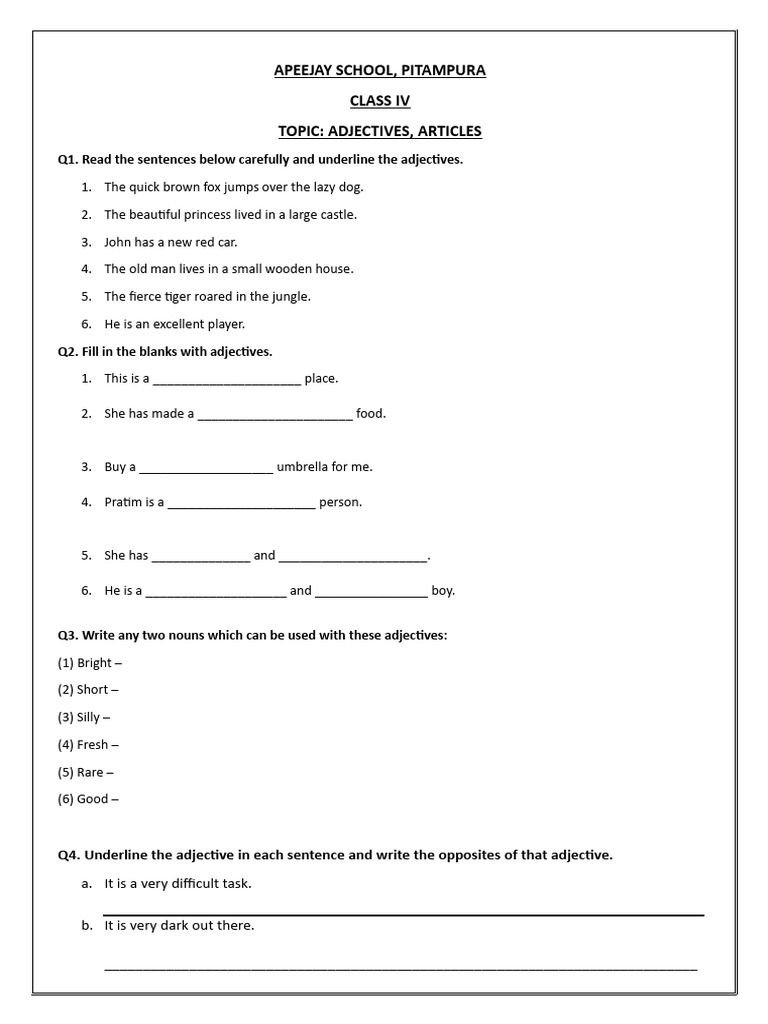 articles and adjectives class 4 | PDF