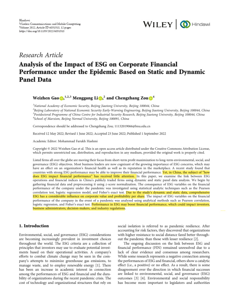 Analysis of The Impact of ESG On Corporate Financial Performance Under The Epidemic Based On ...