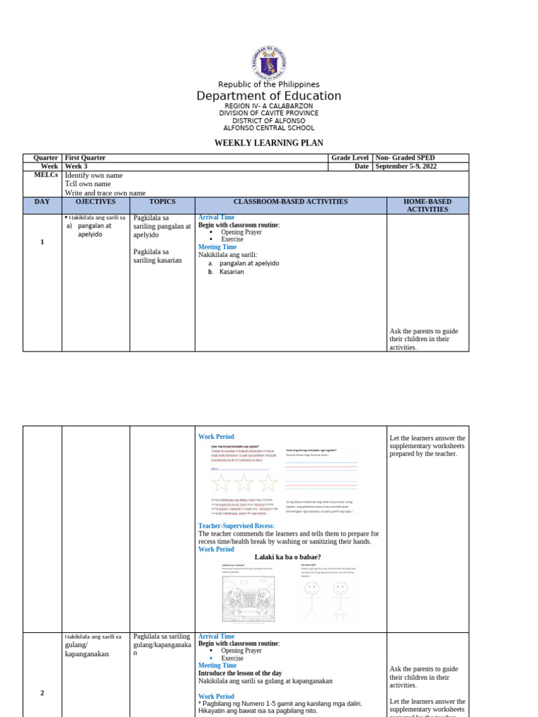 SPED WLP Q1 Week 3 | PDF