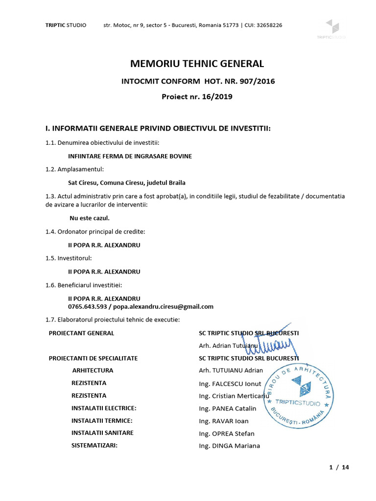 Memoriu Tehnic General v02 14p | PDF