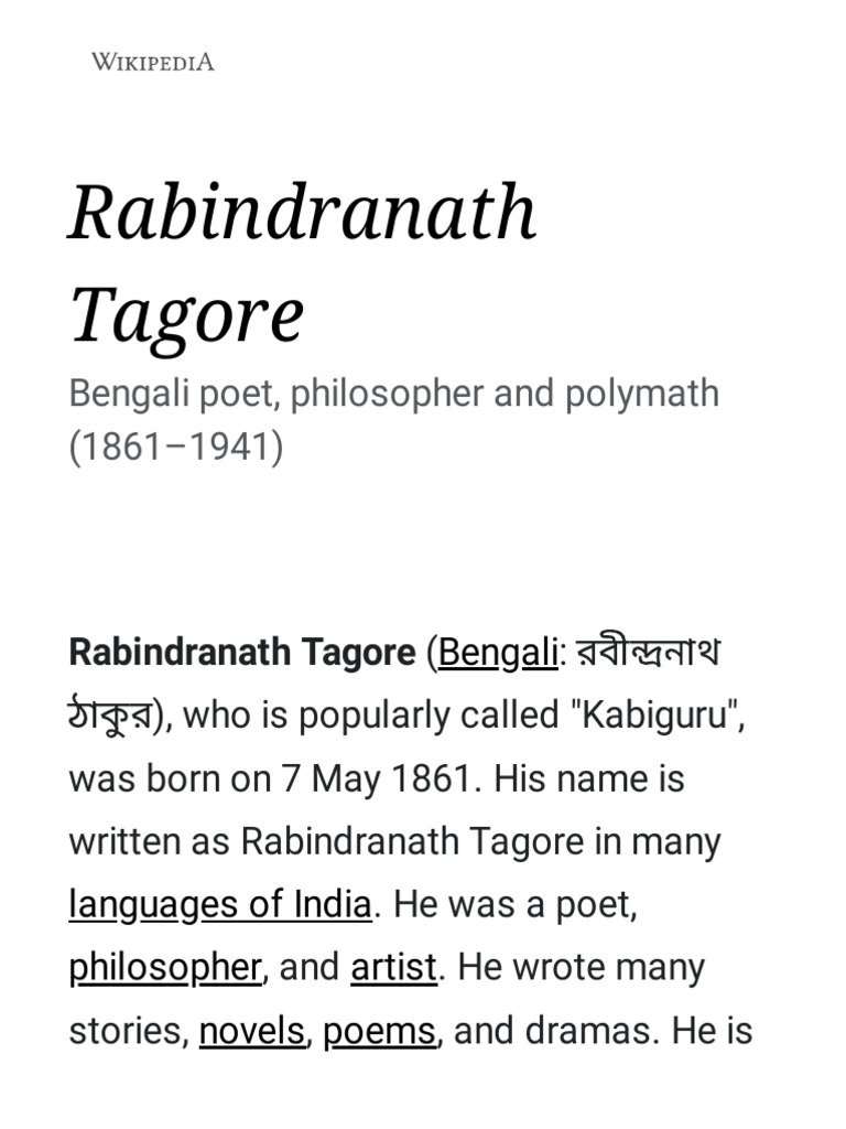 Rabindranath Tagore - Simple English Wikipedia, The Free Encyclopedia | PDF