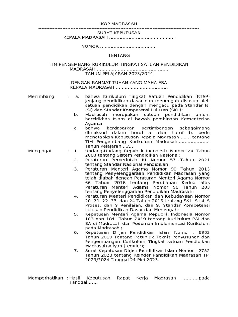 Contoh SK TIM Pengembang KTSP Dan KOSP-KOM 2023 | PDF