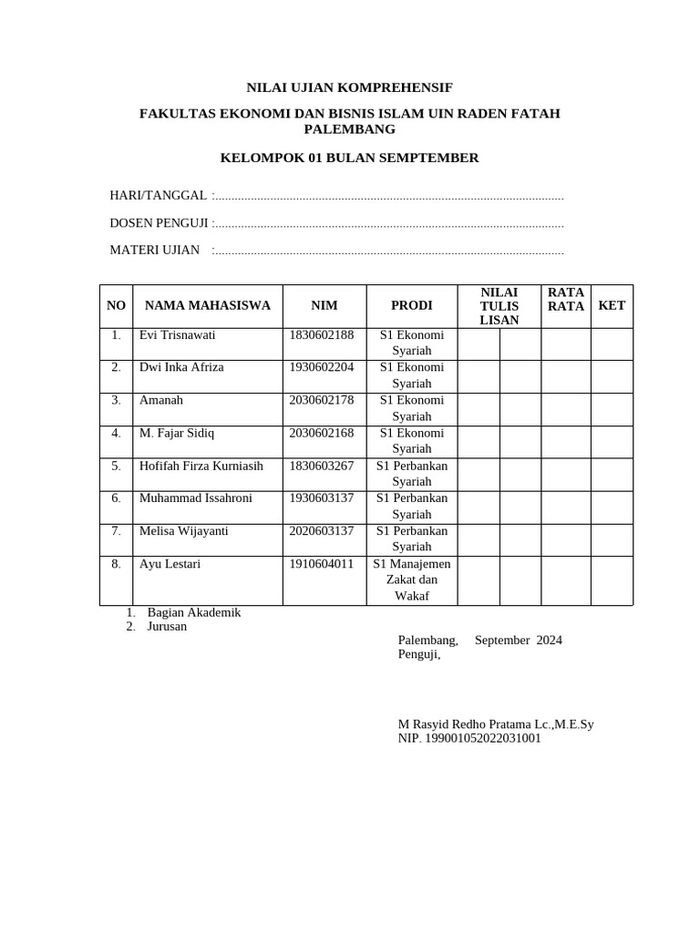 Form Nilai Ujian Komprehensif Kel 5 | PDF