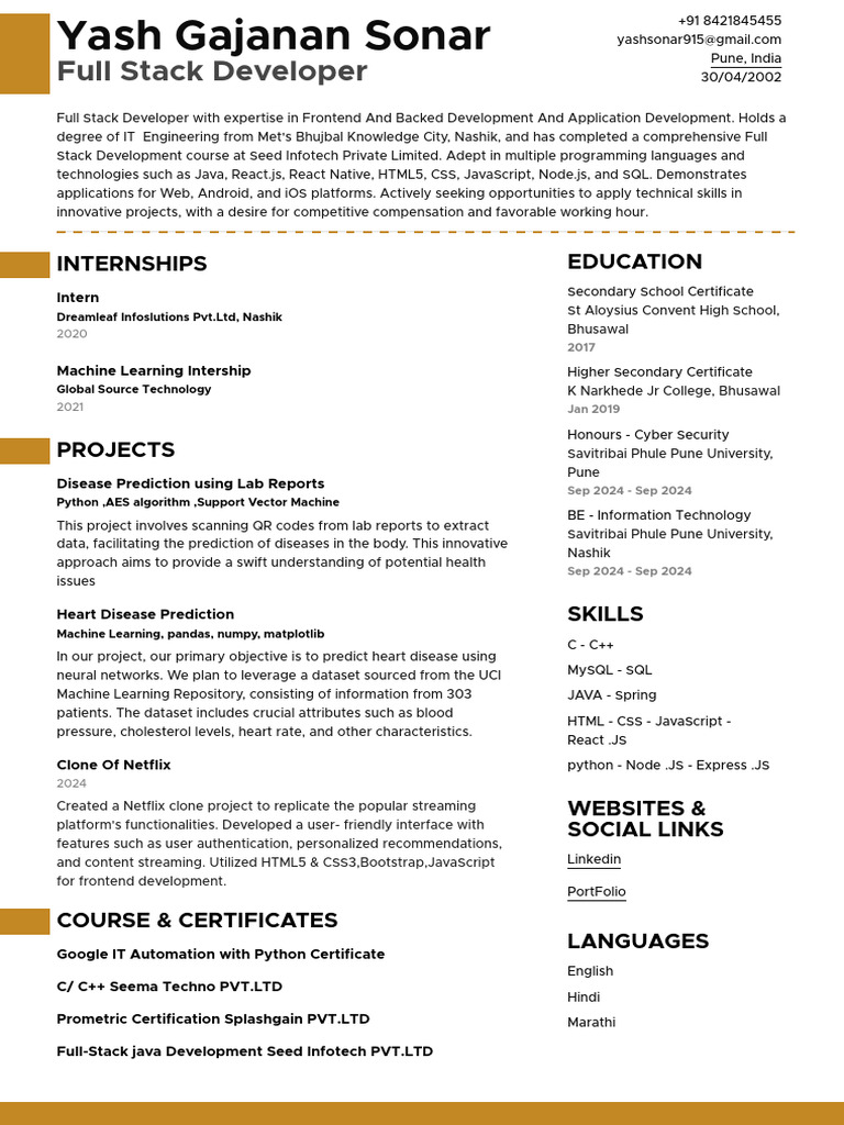 Yash Gajanan Sonar - Full Stack Developer | PDF