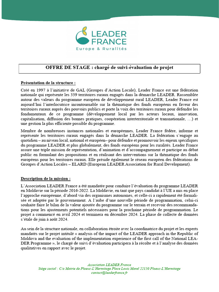 Offre de Stage - 2 Charge de Suivi Evaluation de Projet | PDF