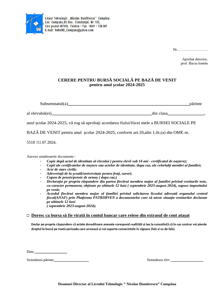 Cerere Bursa - Sociala - Venit | PDF