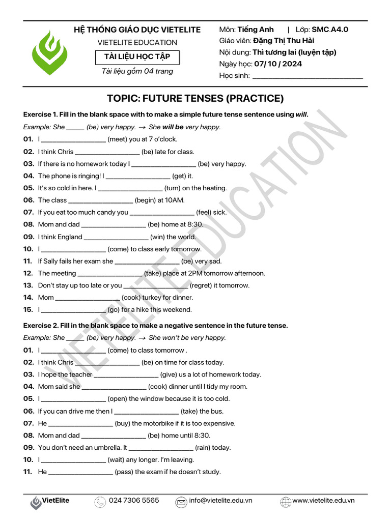A4 L15 Future Tense Practice | PDF