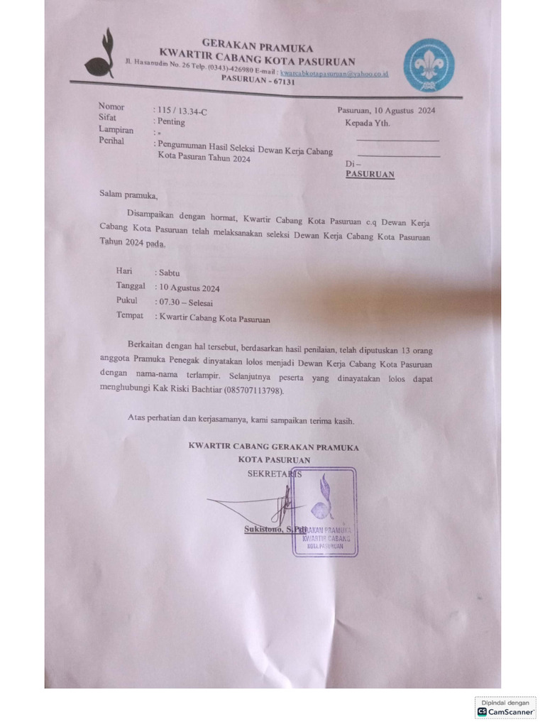 Surat Pengumuman Hasil Seleksi DKC | PDF