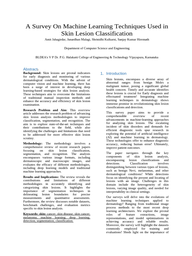 A Survey On Machine Learning Techniques Used in Skin Lesion Classification | PDF