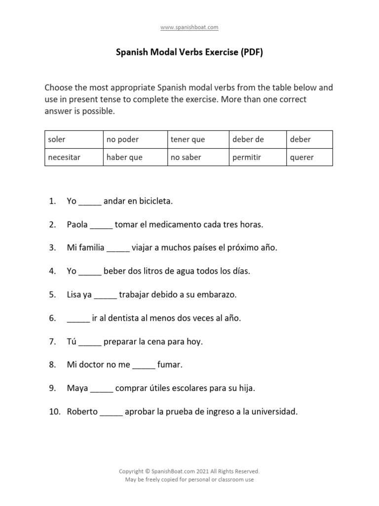 Modal Verbs Spanish Exercise | PDF | Wellness