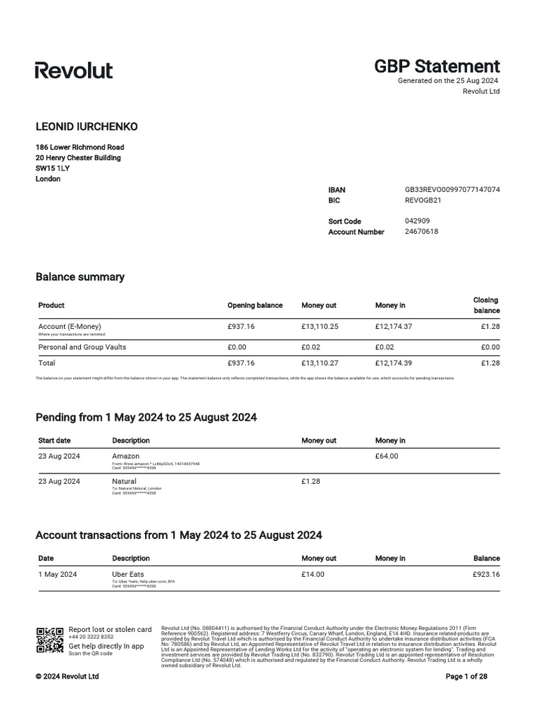 Account Statement - 2024 05 01 - 2024 08 25 - en GB - 174b25 | PDF