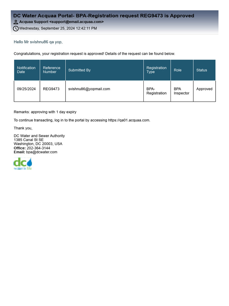 C Water Acquaa Portal - BPA-Registration Request REG9473 Is Approved | PDF