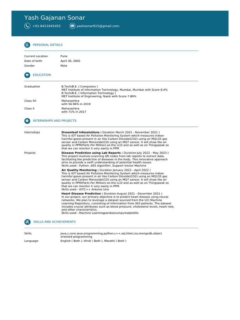 Yash Gajanan Sonar Resume | PDF