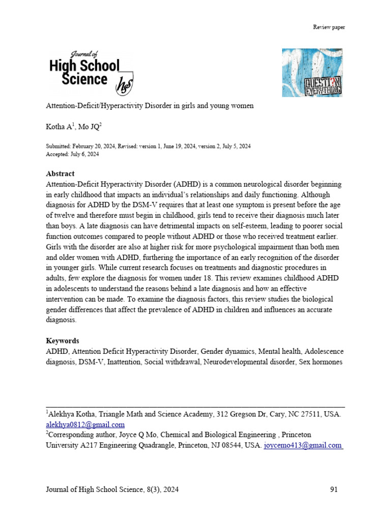 Attention Deficit Hyperactivity Disorder in Girls and Young Women | PDF