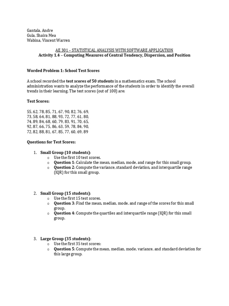Activity On Central Tendency, Dispersion and Position | PDF