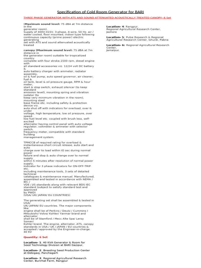 Specification of Cold Room Generator For BARI | PDF