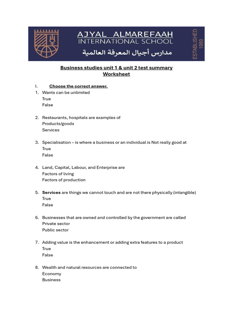 Business Studies Worksheet | PDF