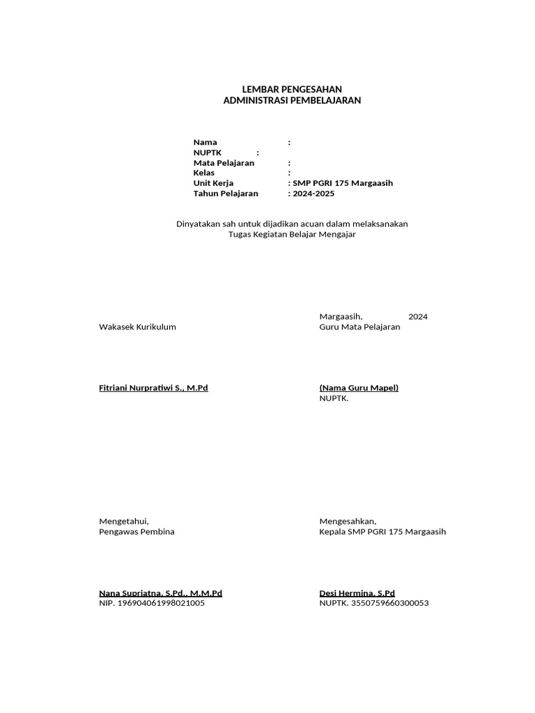 Lembar Pengesahan Adm Pembelajaran | PDF