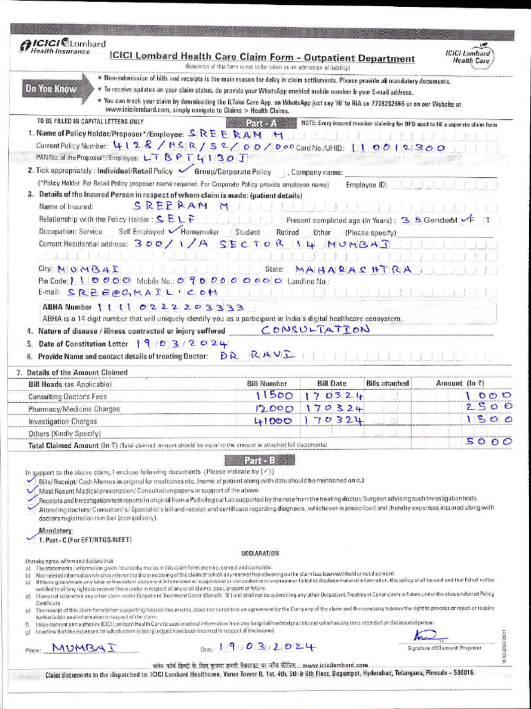 Sample Opd Claim File With Form | PDF