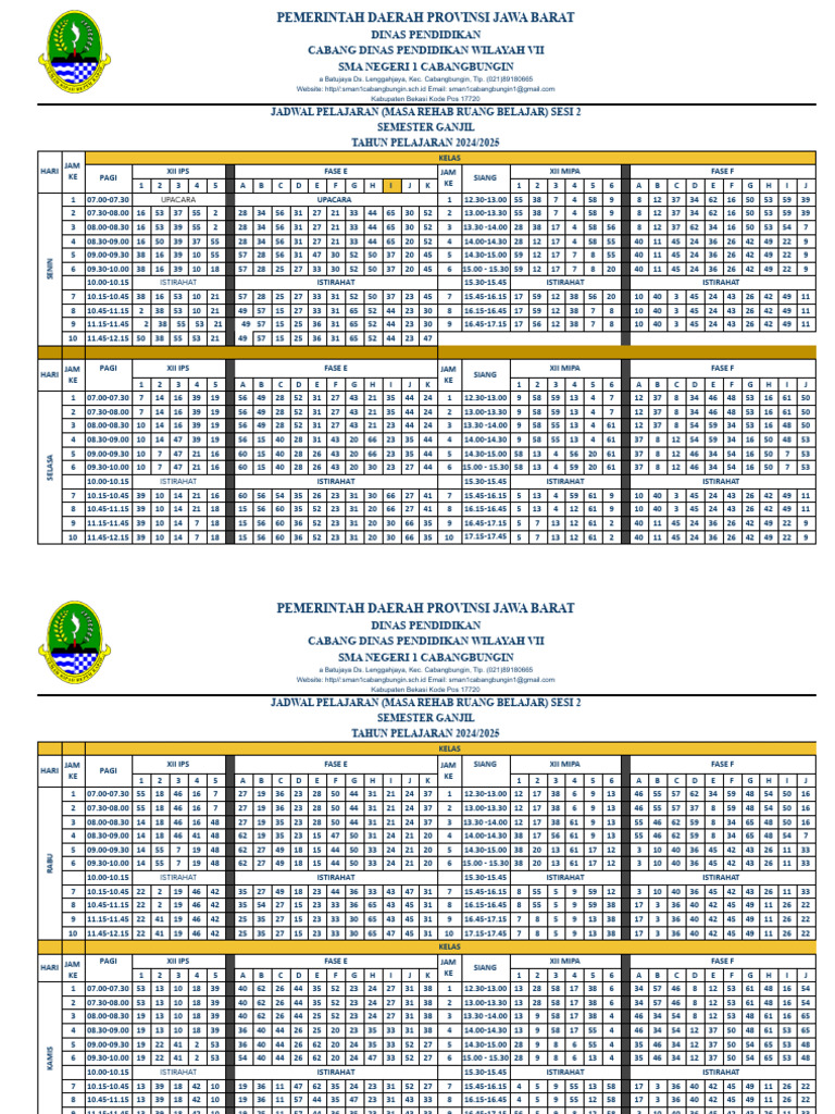 Jadwal Pelajaran TP 2024 - 2025 Shift Sesion 2 - Shift Season 2 | PDF