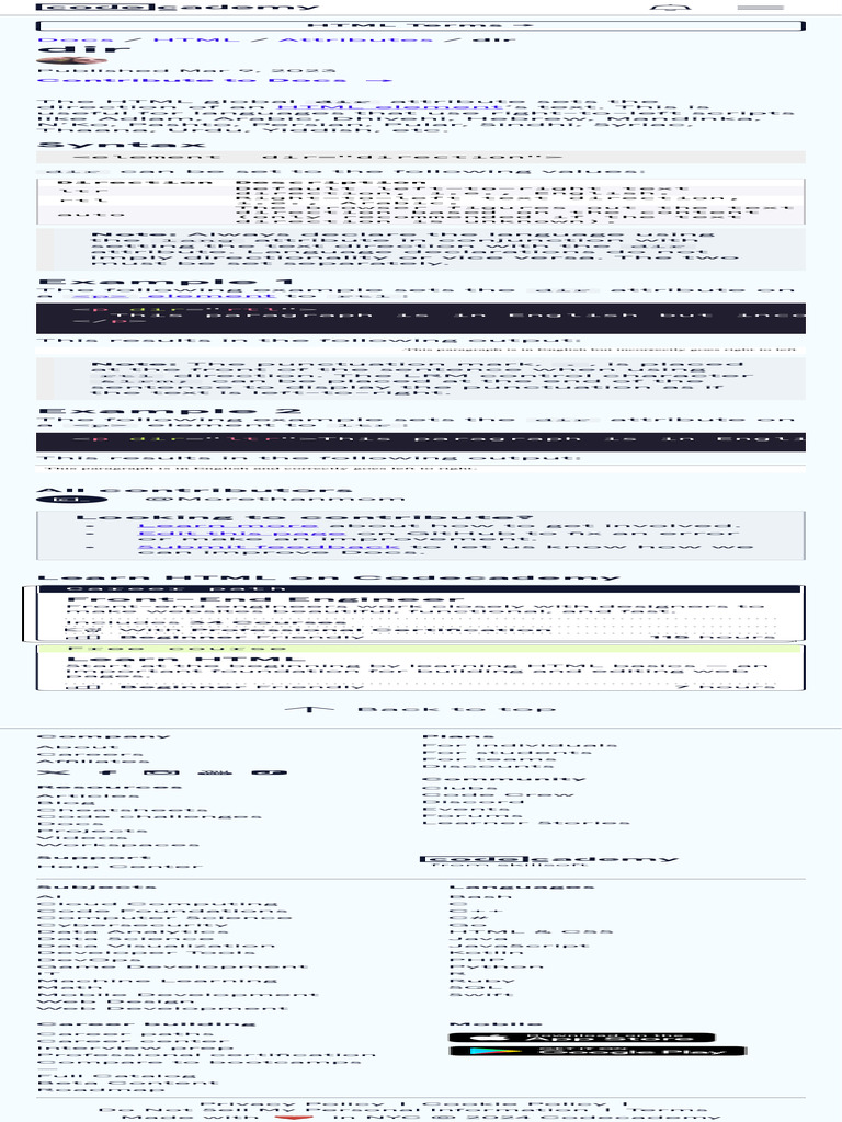 HTML Attributes Dir Codecademy | PDF
