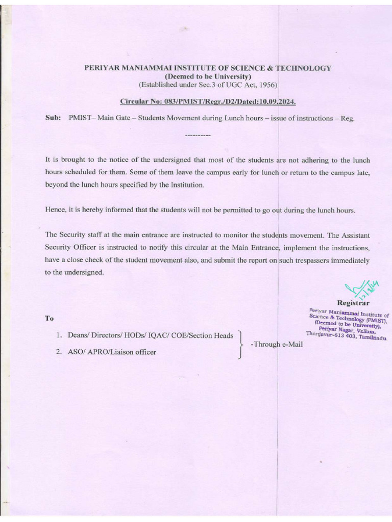 PMIST - Students Movement Circular | PDF