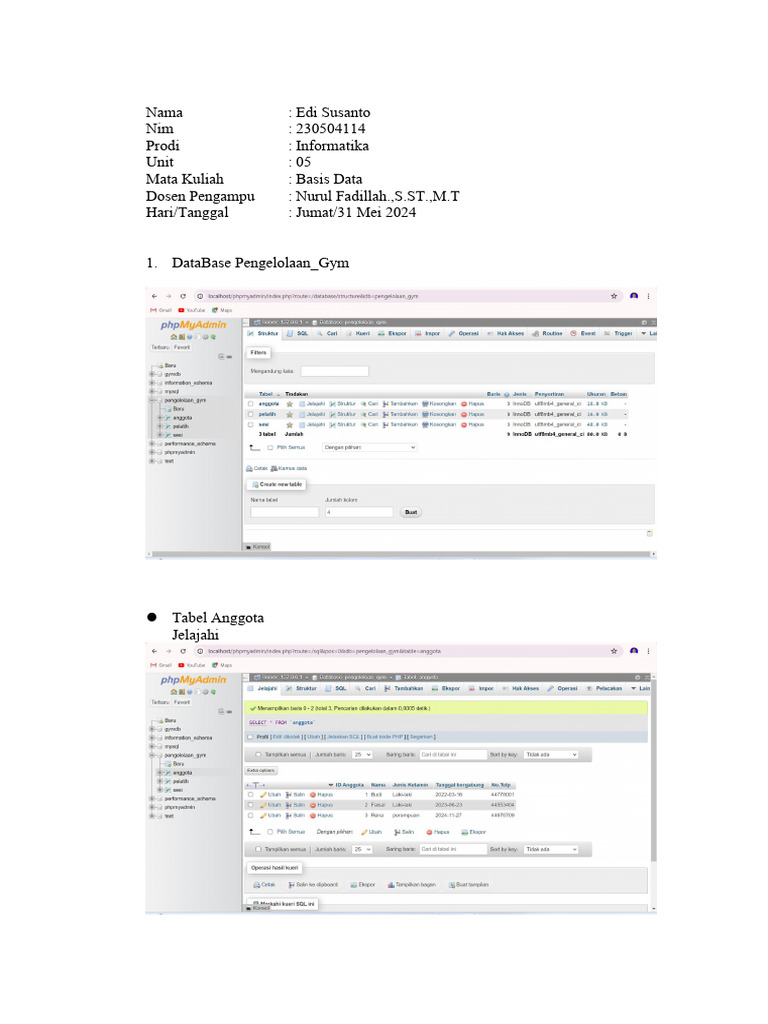 Edi Susanto_230504114_Database Pengelolaan Gym | PDF