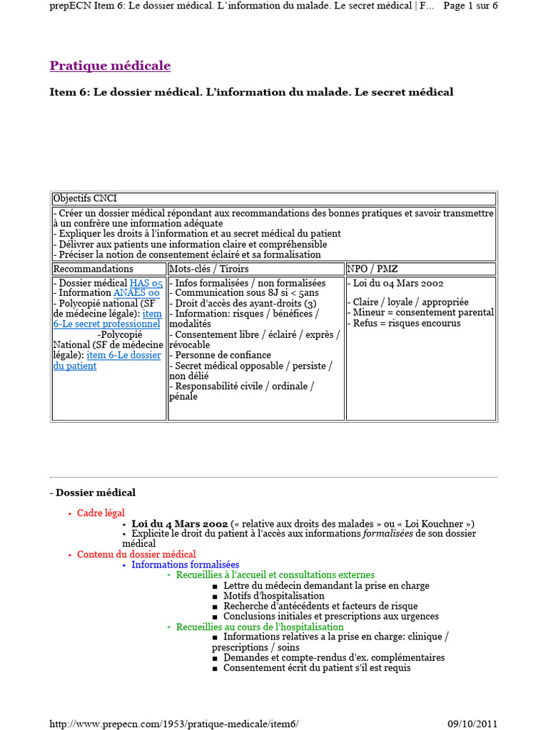 Item 6 Le Dossier Médical, L'Information Du Malade, Le Secret Médical | PDF