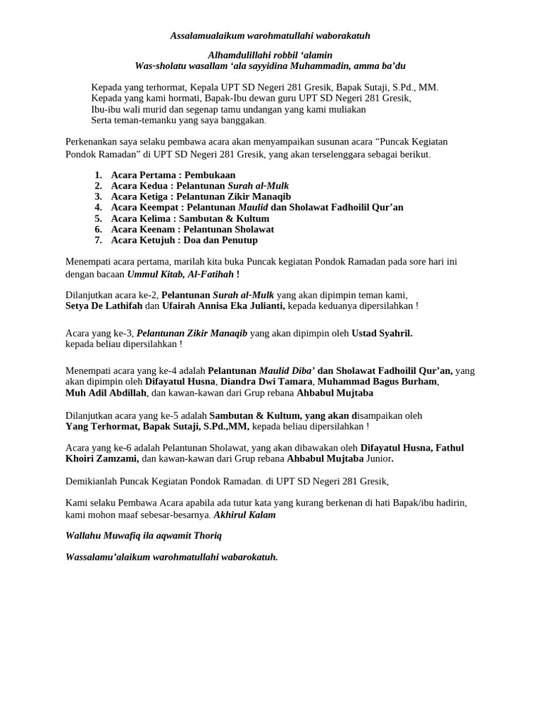 Naskah Pembawa Acara Susunan Acara | PDF